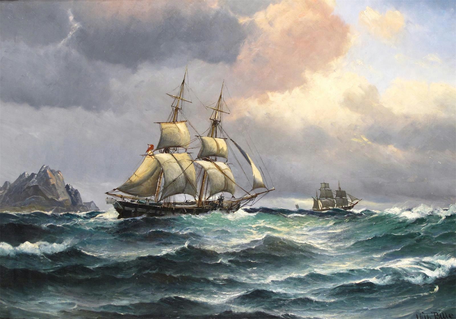 Vilhelm Bille | Sailing ships in choppy seas off the coast | MutualArt