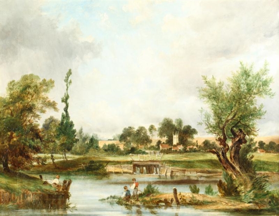 George Barrell Willcock | Three Boys Fishing in an Expansive Landscape ...