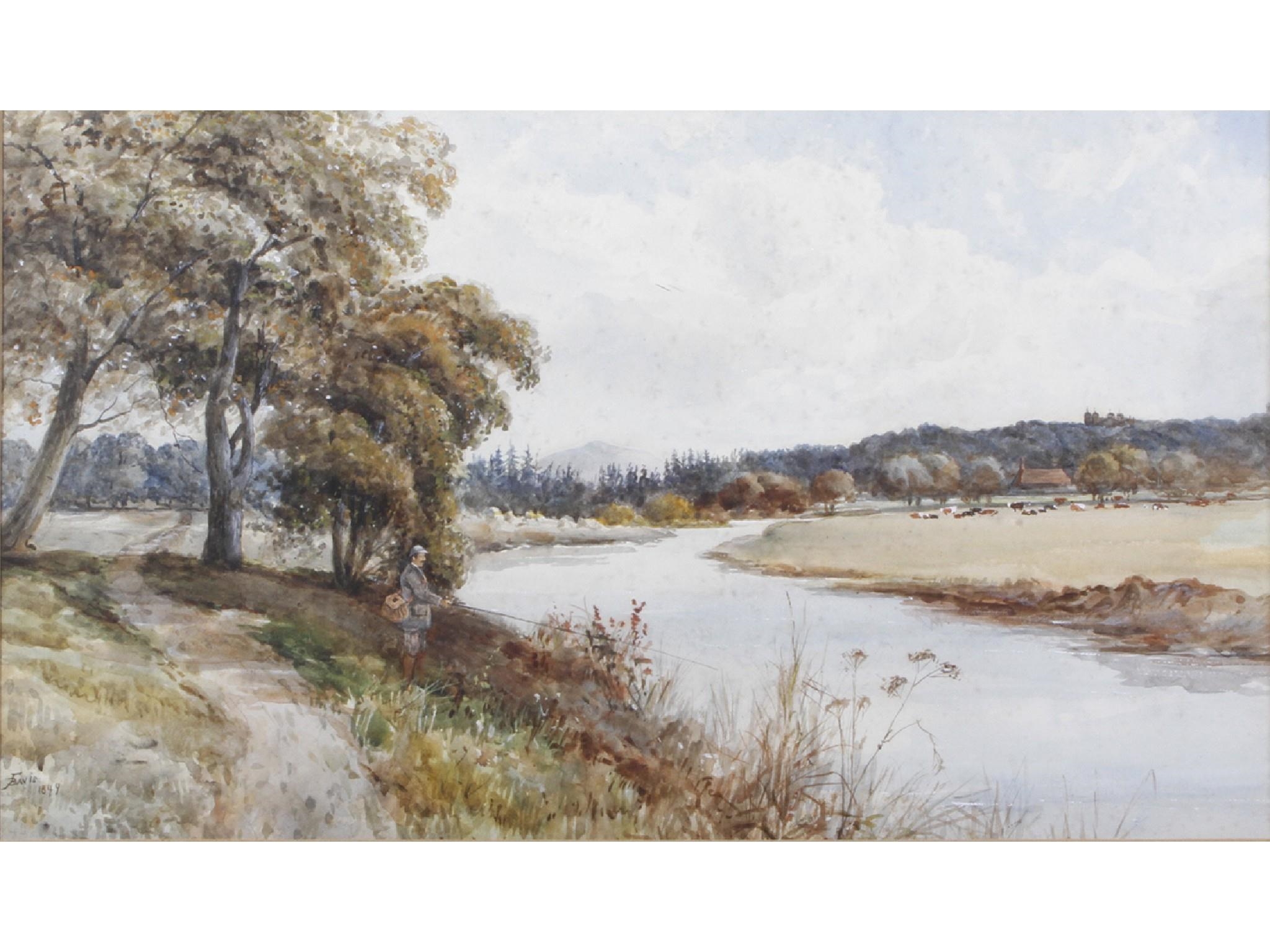 F. Davis | A fisherman by a river, a large house beyond (1899) | MutualArt