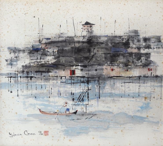 Jehan Chan | STILT HOUSES AND MAN ROWING BOAT (1996) | MutualArt