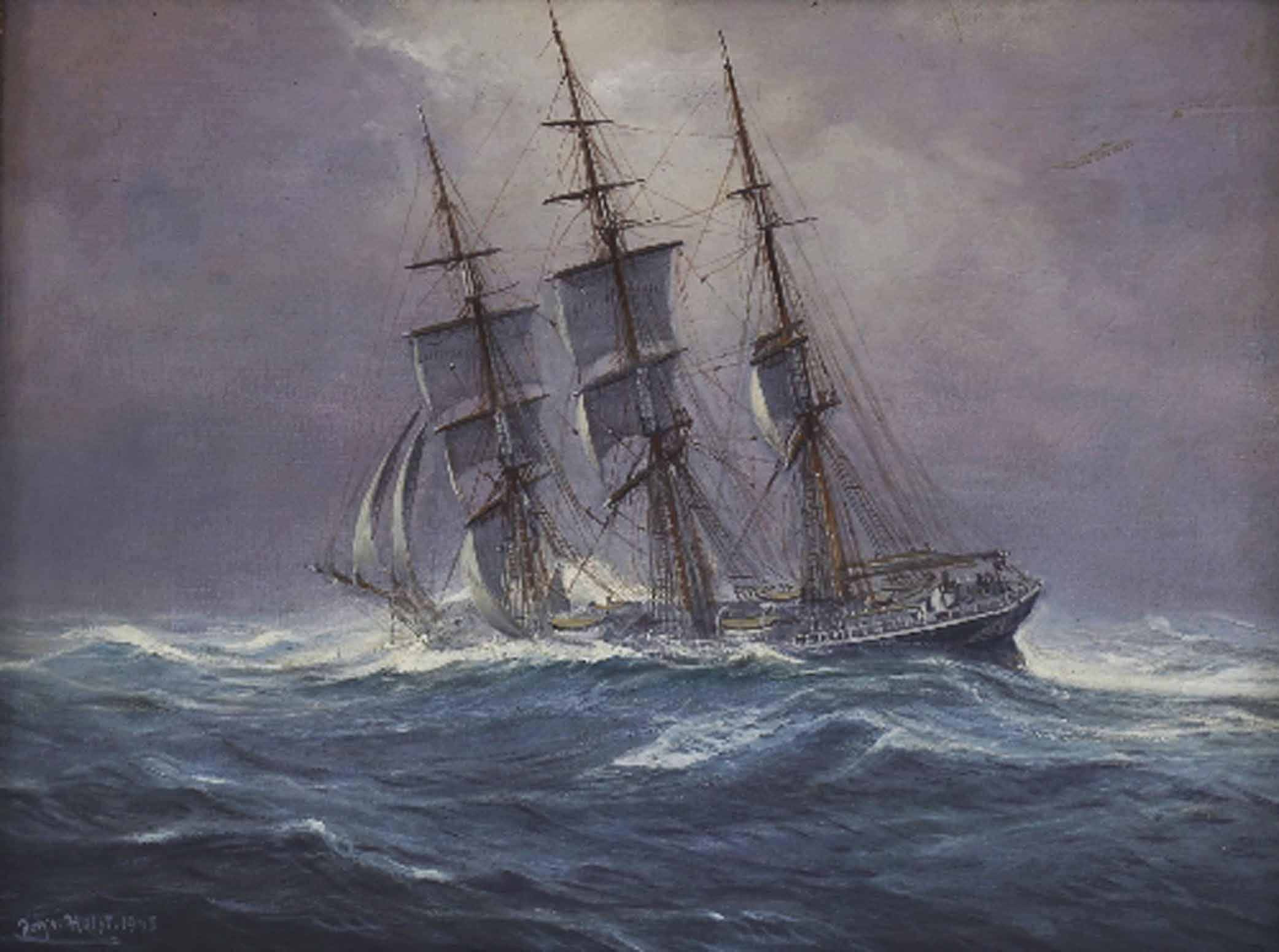 Johannes Holst | A Three-Masted Clipper in a Rough Sea (1943) | MutualArt
