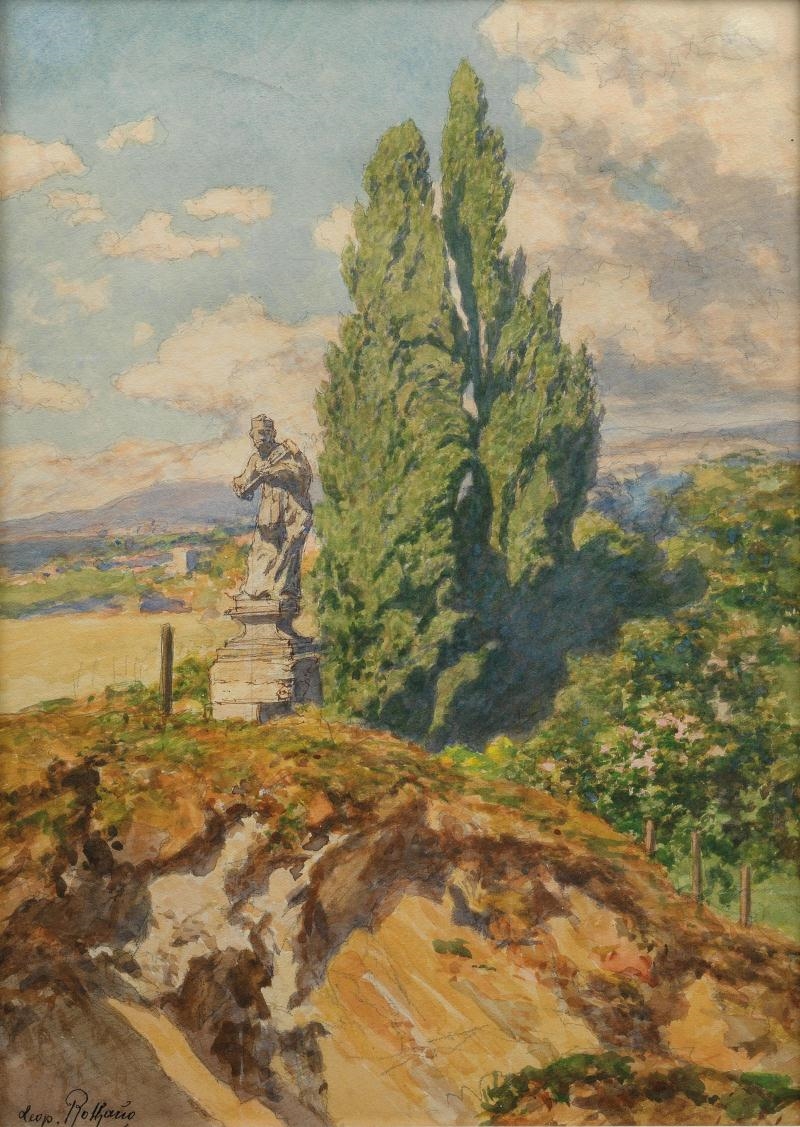Alexander Rothaug | A view into the country with a statue of Saint John ...