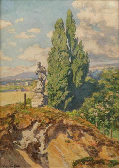 Alexander Rothaug | A view into the country with a statue of Saint John ...