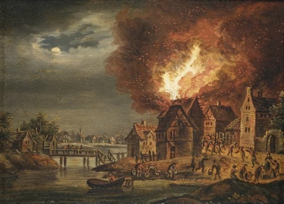 Johann Georg Trautmann | 2 Works : Fire raging across small towns at ...