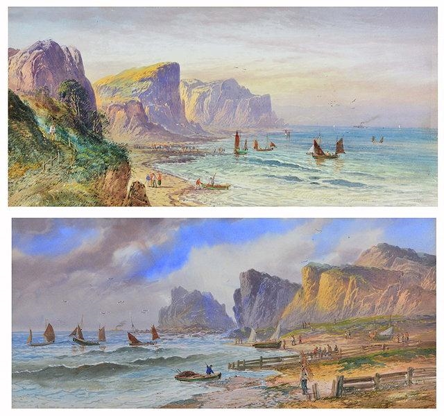 L. Lewis | Figures with sailing vessels off a rocky coast | MutualArt
