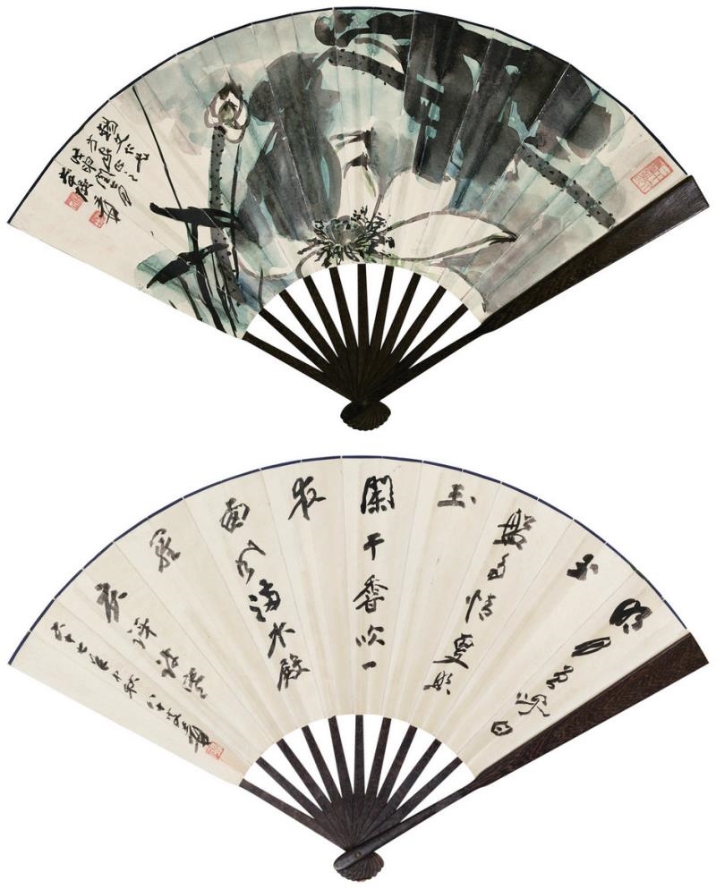 Zhang Daqian | WHITE LOTUS; SEVEN-CHARACTER COUPLET IN RUNNING SCRIPT (1968) | MutualArt