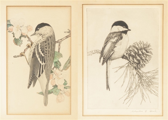 Charles Emile Heil | 2 Works : Watercolor & etching of birds | MutualArt