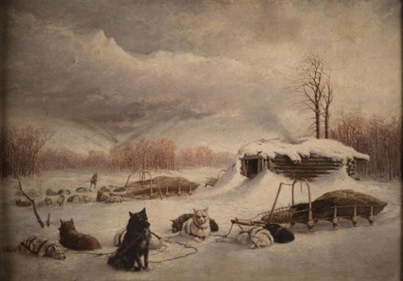 George Albert Frost | SLED DOGS RESTING IN A SNOWY MOUNTAINOUS ...