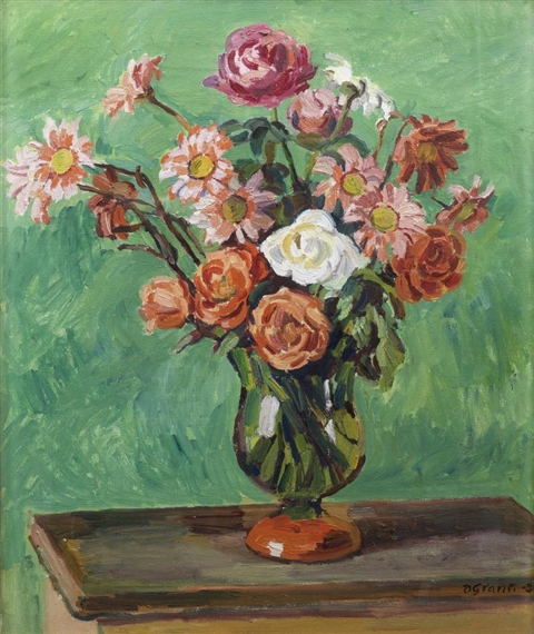 Duncan Grant | Flowers in a vase against a green background (1935 ...