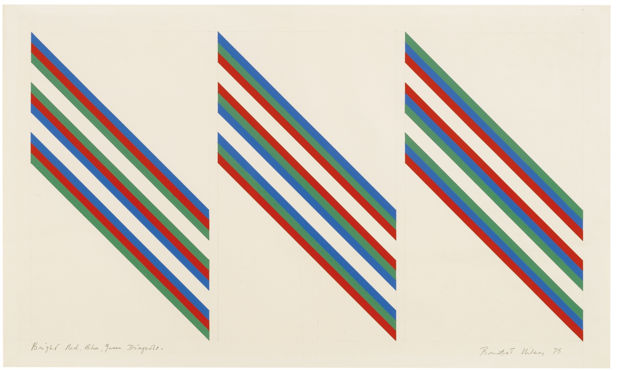 Bridget Riley | BRIGHT RED, BLUE, GREEN DIAGONALS. (1975) | MutualArt