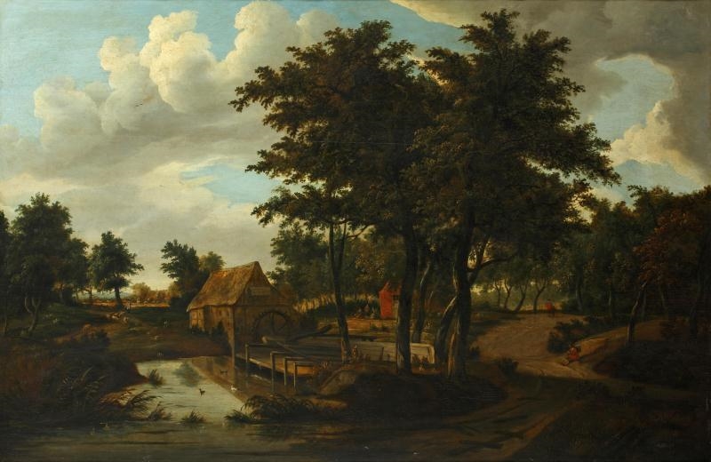 Meindert Hobbema | Figures by a watermill in a wooded landscape | MutualArt