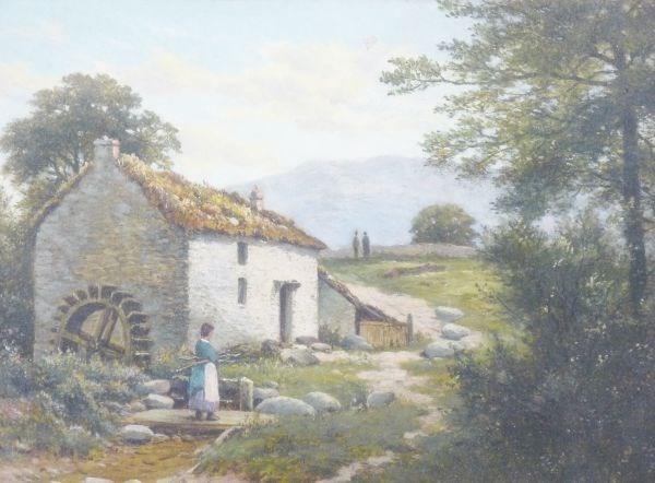 Julius Godet | old mill building with lady on a little bridge with ...