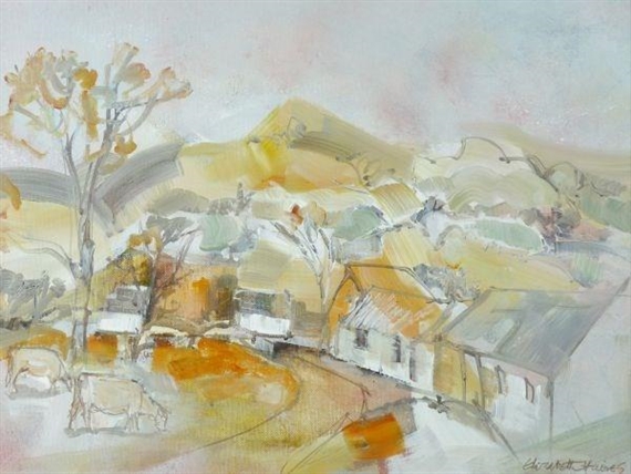 Elizabeth Haines | rural village with cattle near Llanthony | MutualArt