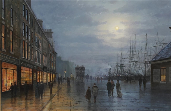 Michael Matthews | Moonlit dock scene with figures | MutualArt