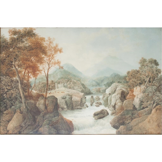 Francis Nicholson | RIVER LANDSCAPE WITH WATERFALL AND CASTLE | MutualArt