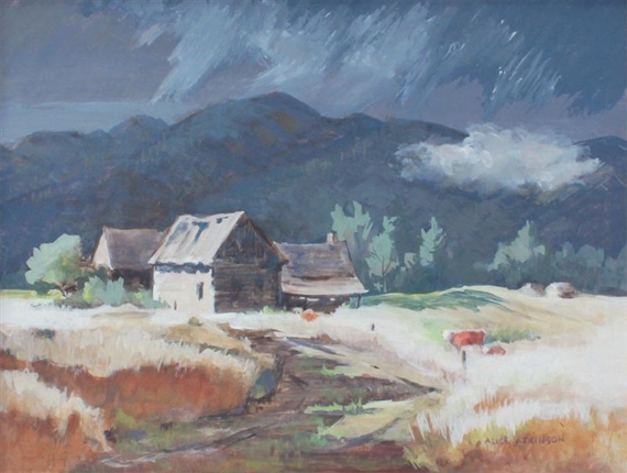 Alice Atkinson | Western Landscape Painting with Mountains and Cabin as ...