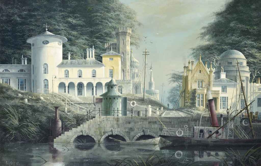 Felix Kelly | VIEW OF A COUNTRY HOUSE WITH A BRIDGE AND URNS IN THE ...