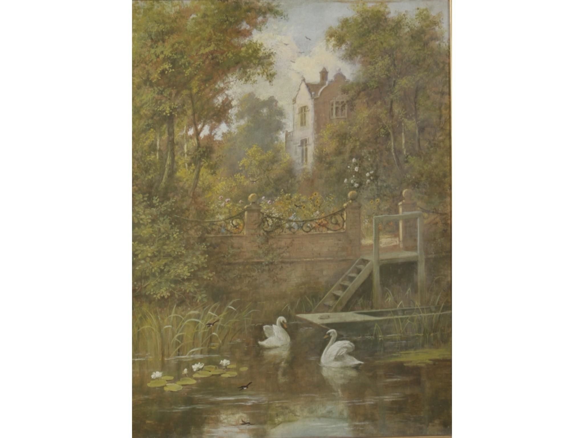 Joseph Pike | 3 Works: Swans on a River Below a House with Dutch Gables ...