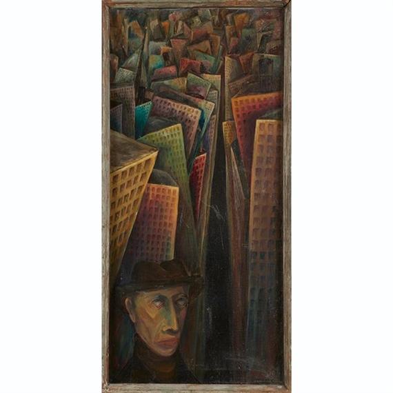 Fred Rappaport | Self Portrait with Chicago Skyline (1952) | MutualArt