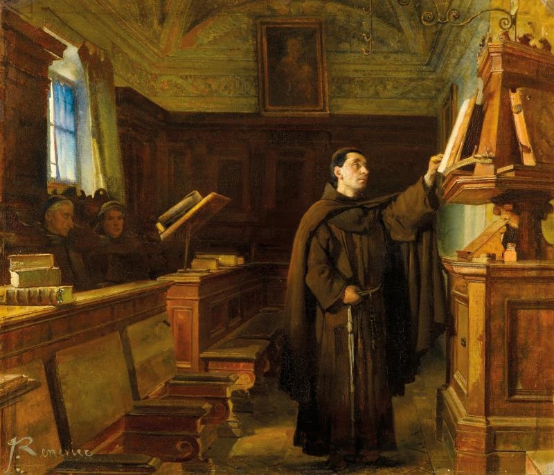 Julien Renevier | Monastery Library with Three Capuchin Monks | MutualArt