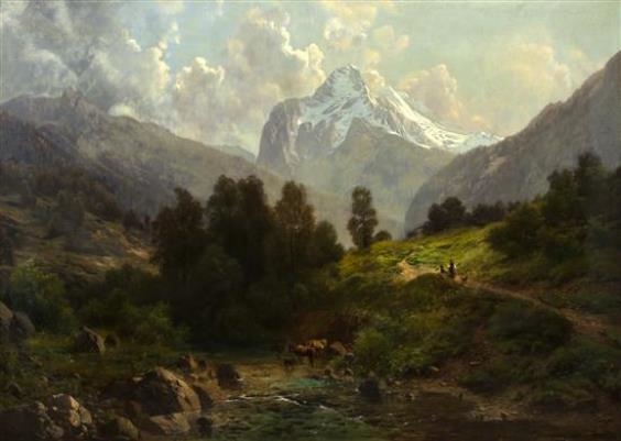 Karl Millner | Mountainscape with Figures on a Path (1868) | MutualArt