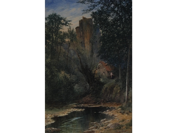Robert Frier | River landscape with figure beside a cottage and castle ...
