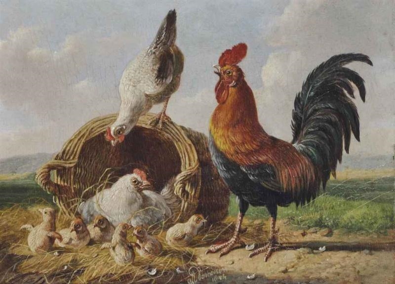 Adrien Joseph Verhoeven-Ball | Rooster with Hens and Chicks | MutualArt