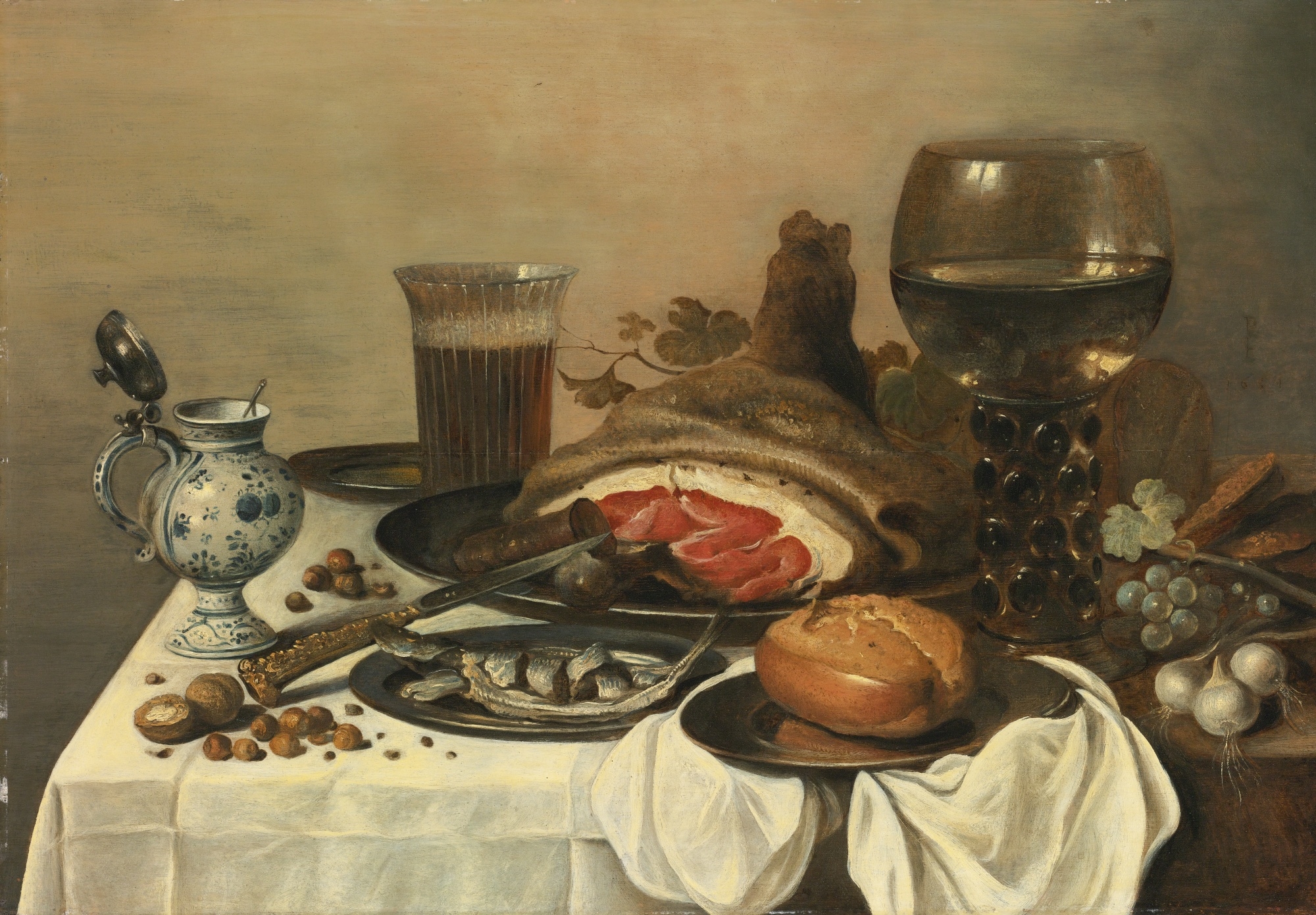 Pieter Claesz. | A DELFT JUG, HAM ON A PEWTER PLATE, A GLASS OF WINE ...