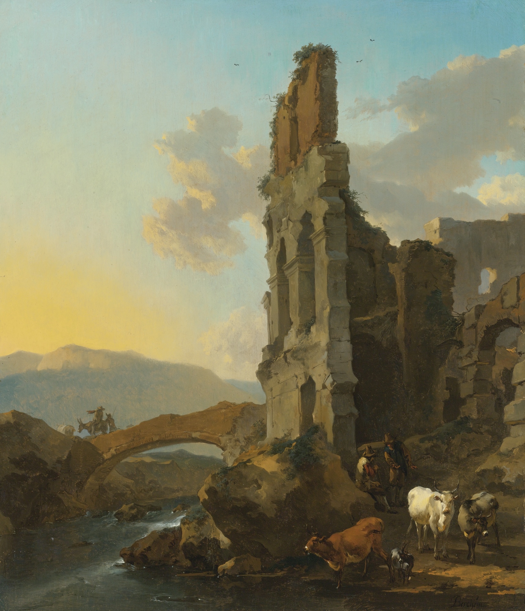 Nicolaes Berchem | ITALIANATE RIVER LANDSCAPE WITH HERDSMEN BY THE ...