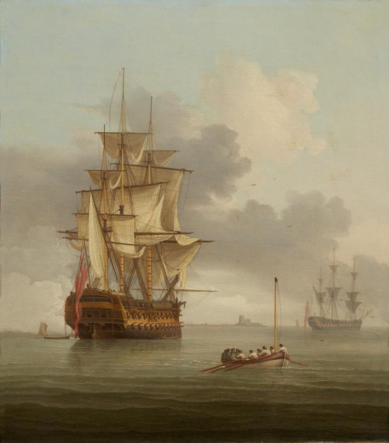 Thomas Whitcombe | A Becalmed Man O'War Firing a Salute (1797) | MutualArt