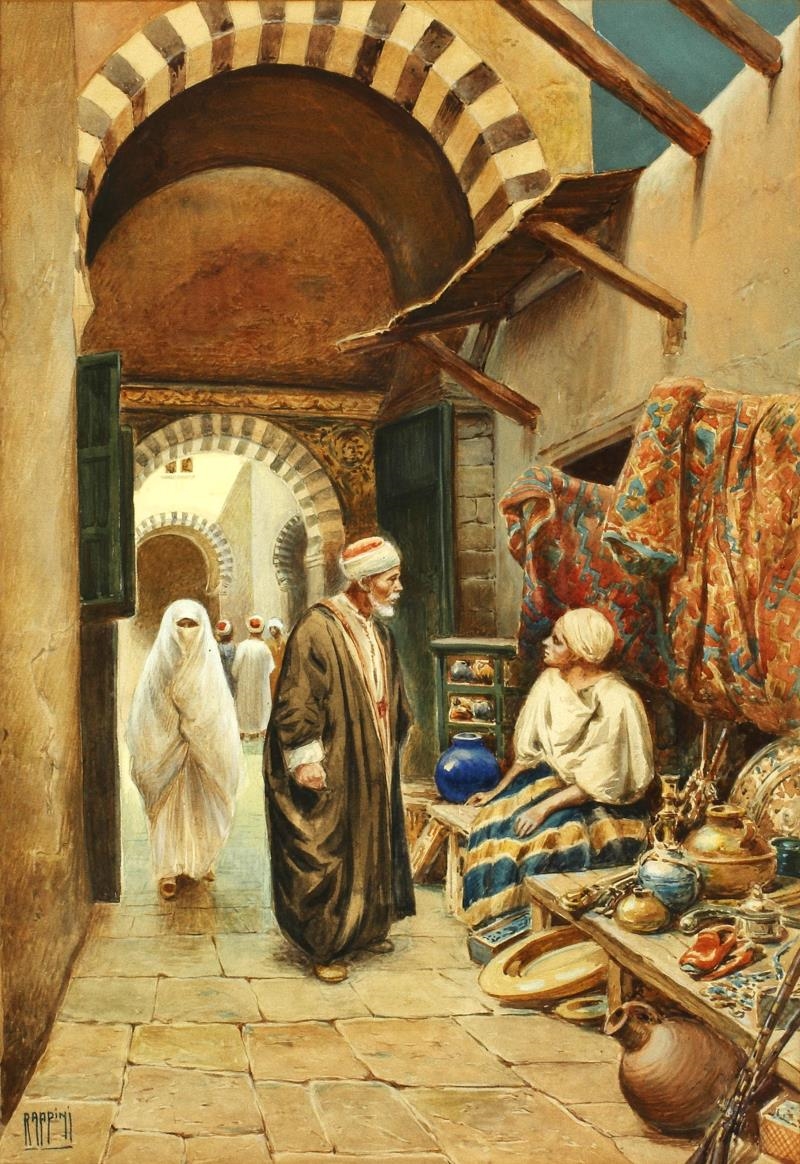 Vittorio Rappini | Arab merchants; A mosque, Cairo; A sunlit alley ...