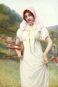 Henry Ryland | Girls by a wellhead with birds | MutualArt