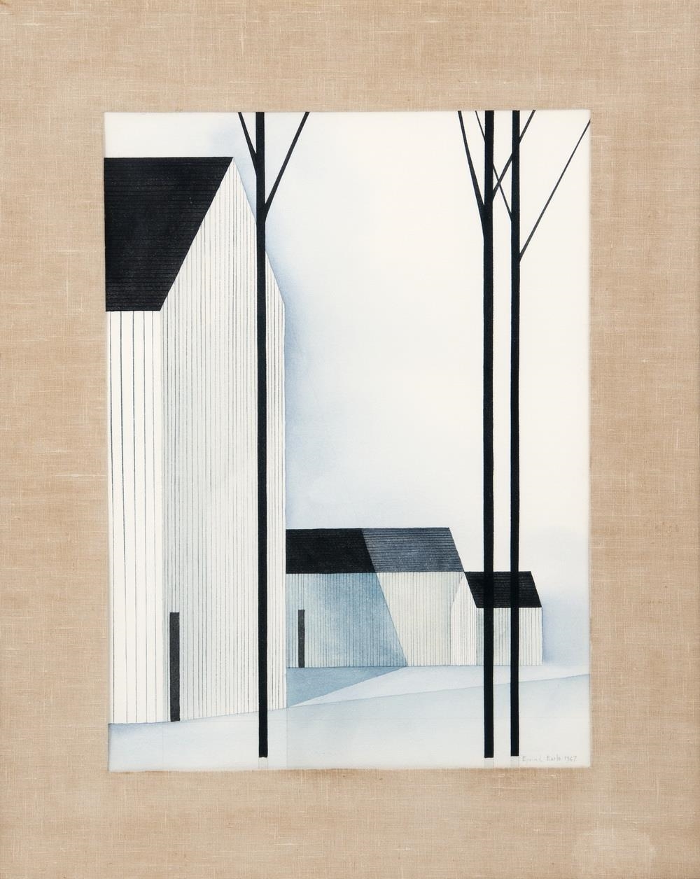 Eyvind Earle | WINTER LANDSCAPE WITH BUILDINGS (Circa 1967) | MutualArt
