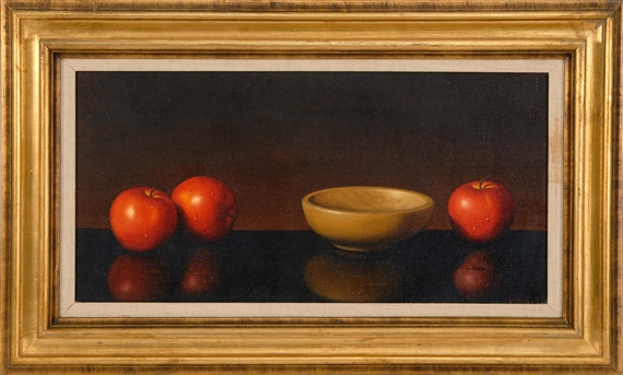 Al Jackson | Still life of three apples and a stoneware bowl | MutualArt