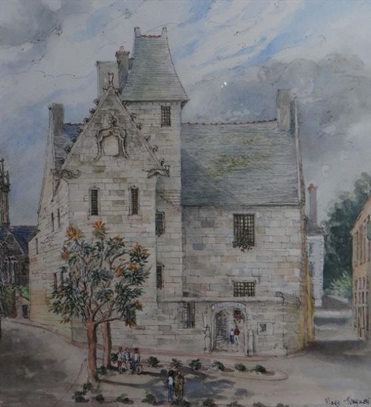 Mary Traynor | French town square with figures standing under trees in ...