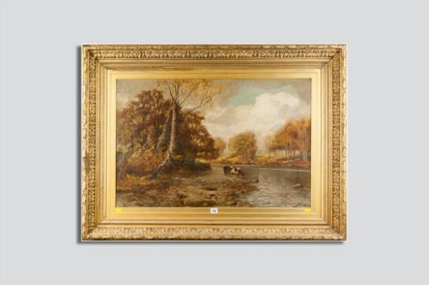 James Thomas Watts | English river scene with cattle watering | MutualArt