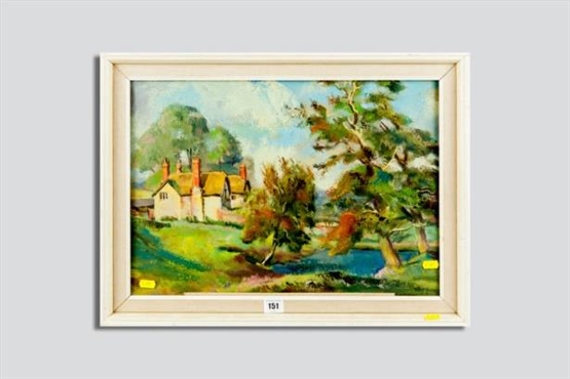 Miles Balmford Sharp | rural scene with country house, lake and trees ...