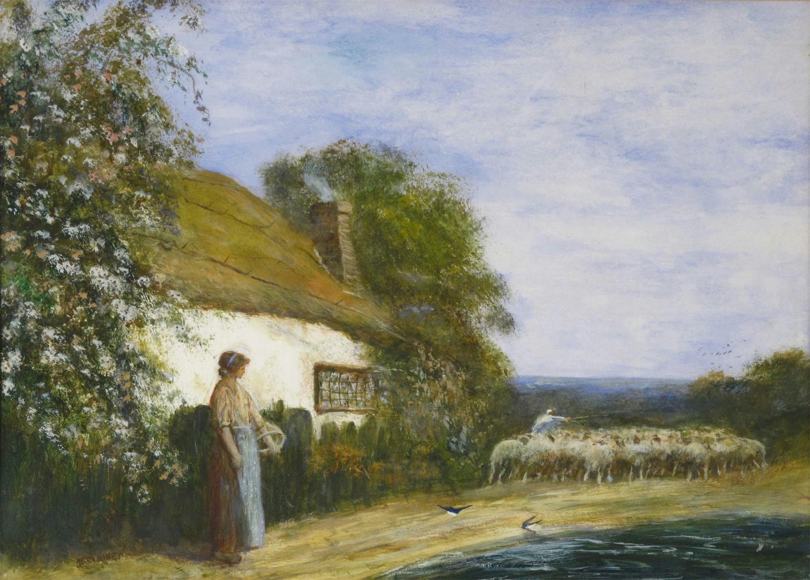 Frederick Hines | A country girl by a cottage with sheep and a pond ...