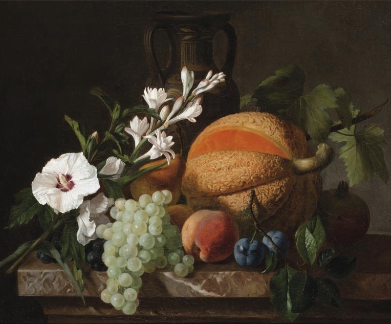Antoine Berjon | NATURE MORTE AU MELON, RAISINS ET FLEURS | MutualArt