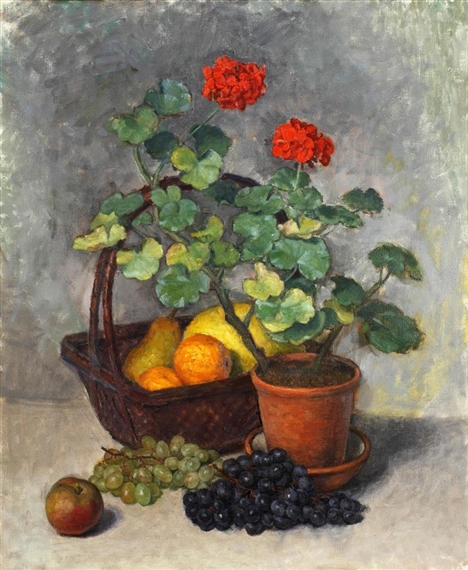 Kalman Kemeny | Still life with fruit and potted geranium | MutualArt