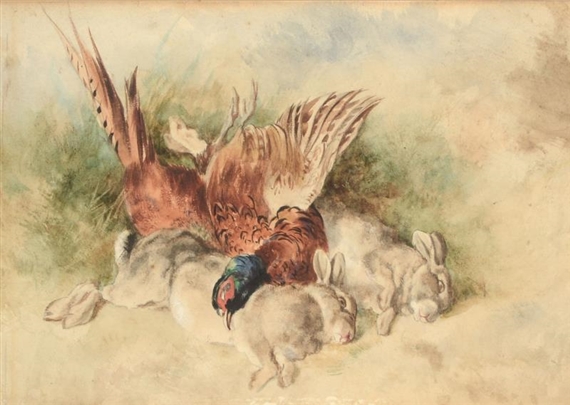 Heywood Hardy | Still life with two hares and a pheasant | MutualArt