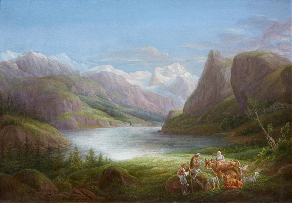 Friedrich Otto Georgi | A Mountain Lake with an Artist and Shepherds ...