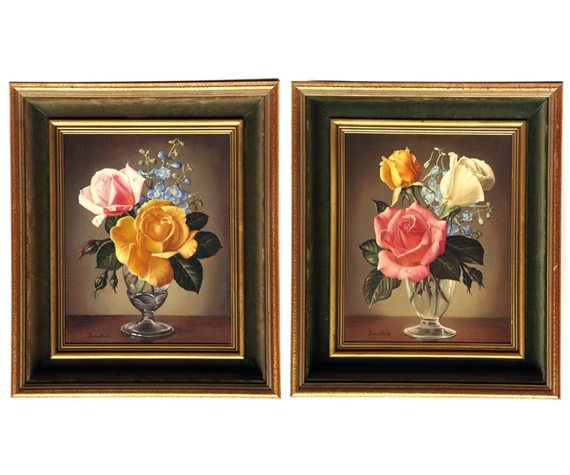 James Noble | 2 works: Roses and Delphiniums;Yellow Pink Blue | MutualArt