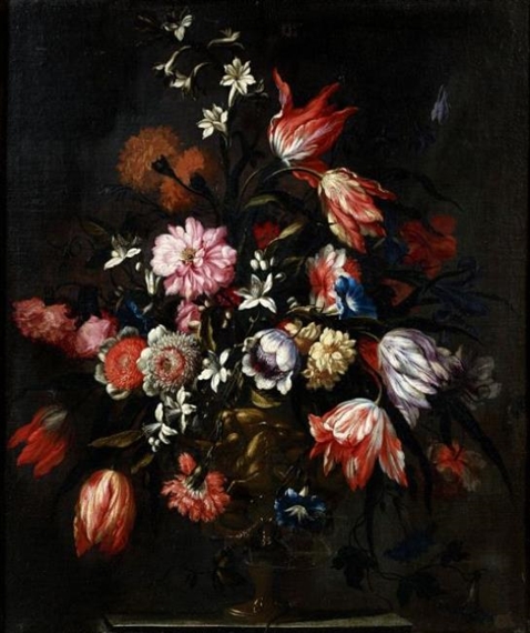 Francesco Mantovano | Bouquets de fleurs dans des vases richement sculptés | MutualArt