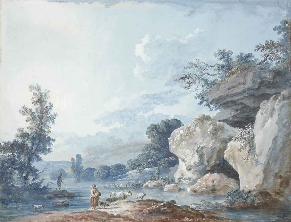 Jean-Baptiste Huet | Bergère et son troupeau au bord d'une rivière dans un paysage rocheux ...