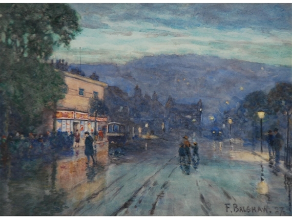 Fred Balshaw | Twilight street scene on a rainy day (1927) | MutualArt