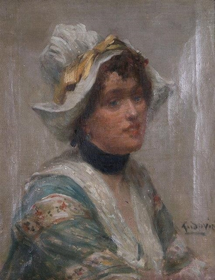 Albert Ludovici | Portrait of a Dutch Lady her Bonnet Tied by a Yellow ...