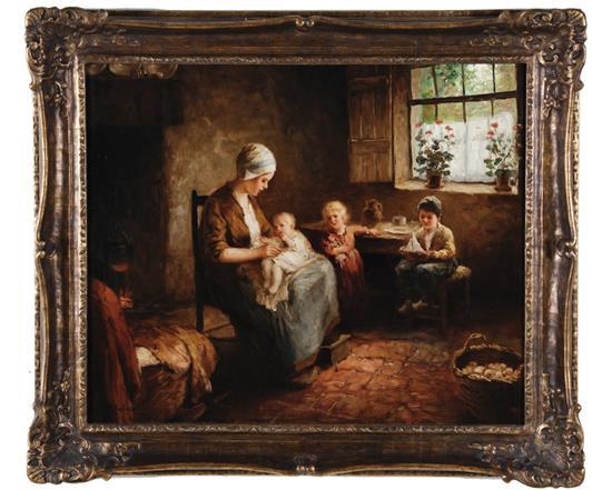 F.G. Grust | MOTHER WITH CHILDREN IN KITCHEN INTERIOR | MutualArt