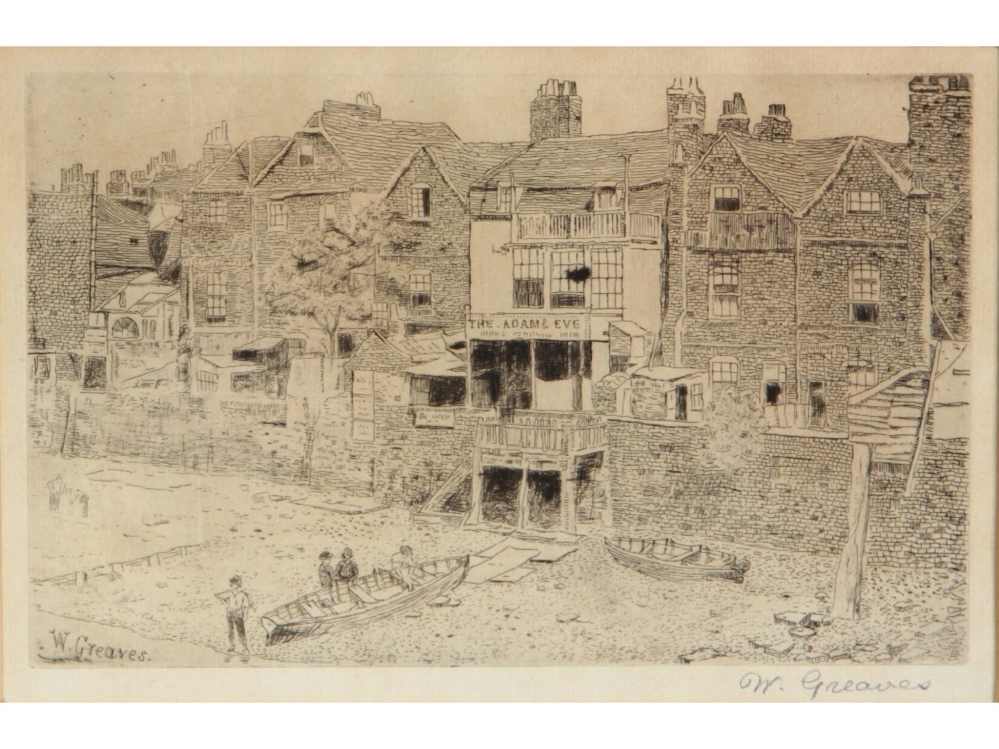 Walter Greaves | The Adam & Eve, Chelsea, with figures and a boat in ...