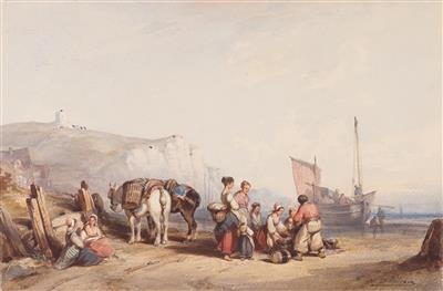 Auguste Delacroix | A Coastpiece with Chalk Cliffs and Laundresses on ...